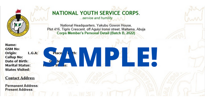 NYSC Green Card Sample - Official Picture