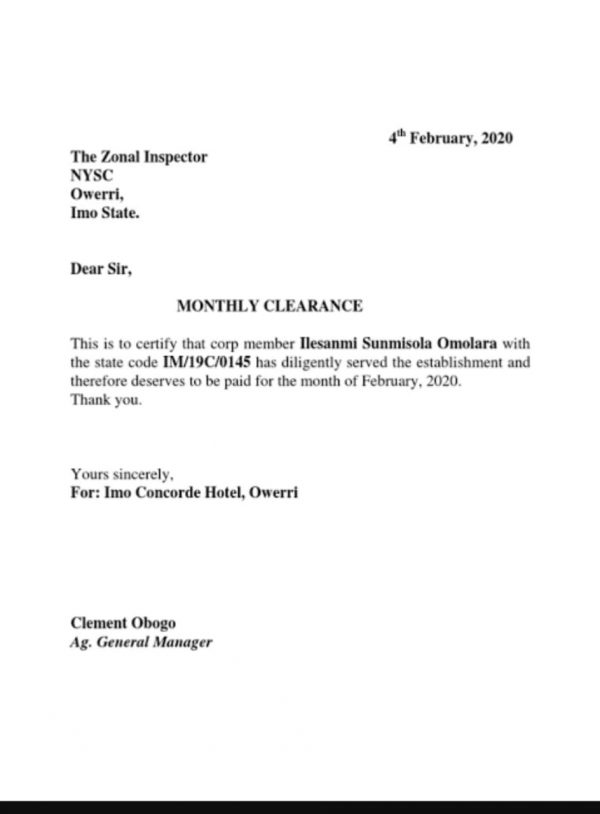 Monthly Clearance Letter For NYSC - Sample & Details - NYSC NEWS