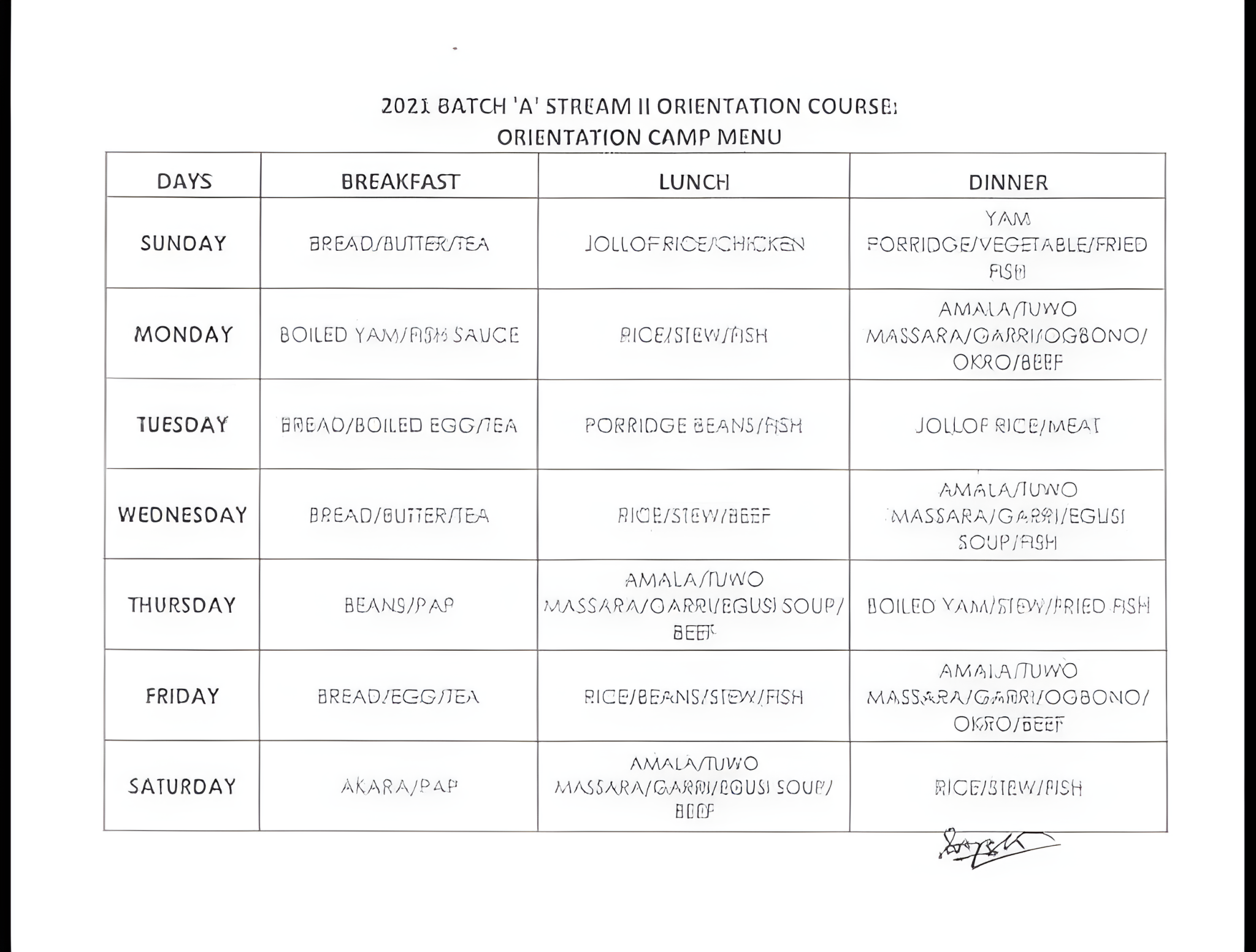 NYSC Food Timetable - Details & Sample - NYSC NEWS