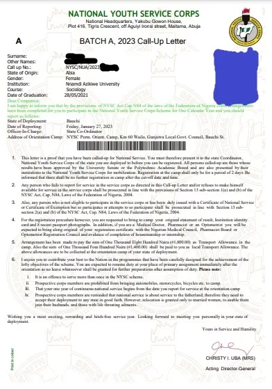 NYSC Deployment Letter - Details & Sample - NYSC NEWS