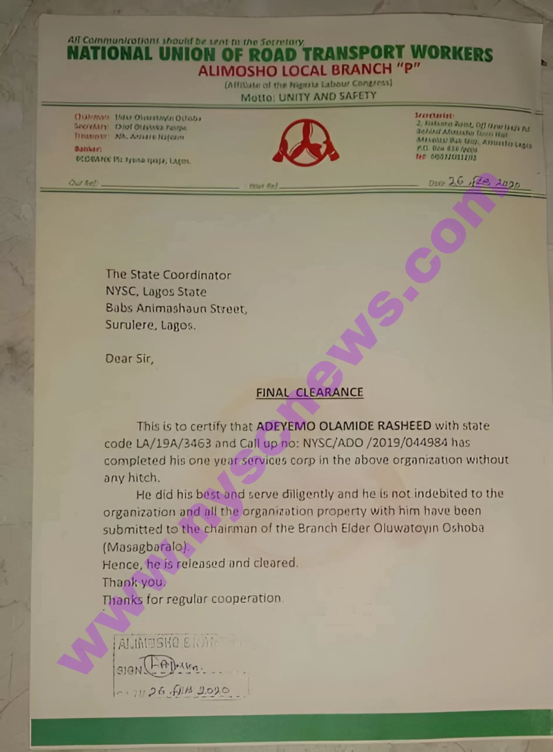 NYSC Final Clearance Details Format And Sample NYSC NEWS